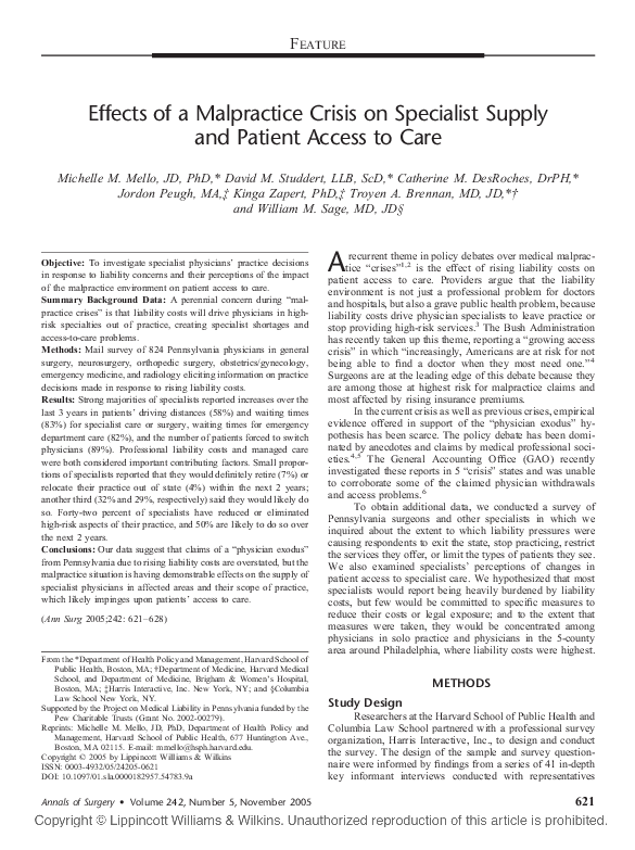(PDF) Effects of a Malpractice Crisis on Specialist Supply and Patient ...
