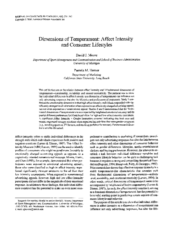 (PDF) Affect Intensity and Consumer Lifestyles