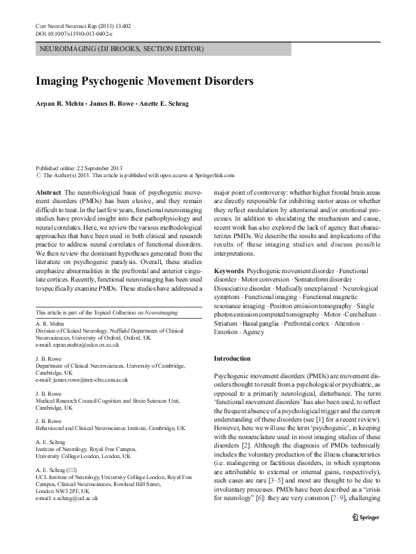 (PDF) Imaging psychogenic movement disorders