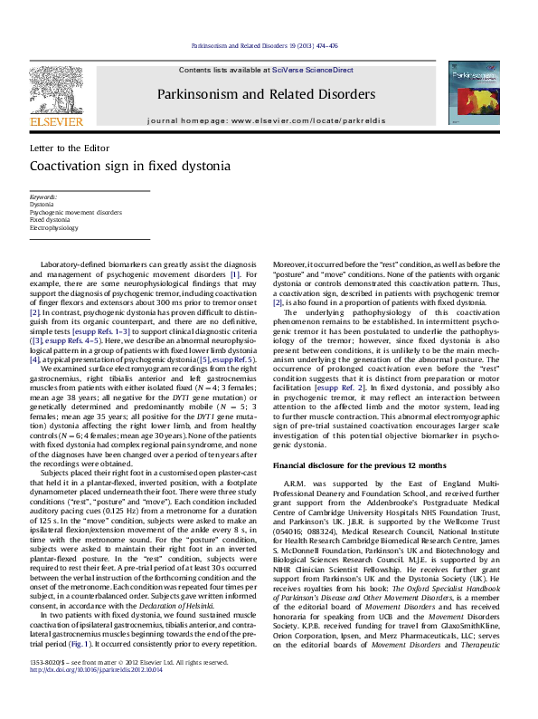 (PDF) Coactivation sign in fixed dystonia