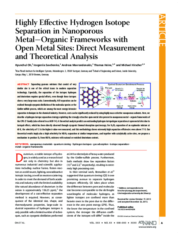 (PDF) Highly Effective Hydrogen Isotope Separation in Nanoporous Metal ...