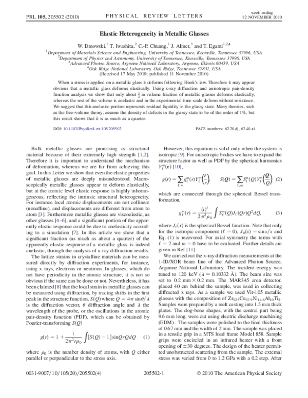 (PDF) Elastic Heterogeneity in Metallic Glasses