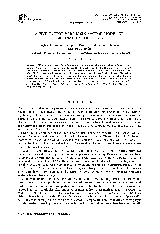 (PDF) A five-factor versus six-factor model of personality structure