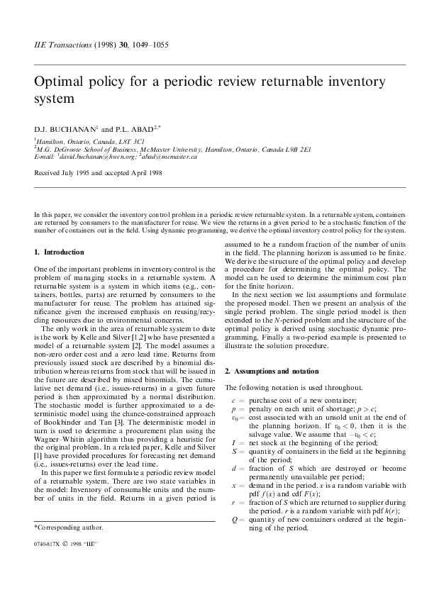 (PDF) Optimal policy for a periodic review returnable inventory system