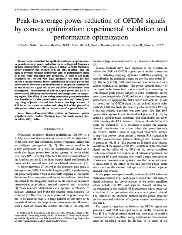 Pdf Peak To Average Power Reduction Of Ofdm Signals By Convex Optimization Experimental