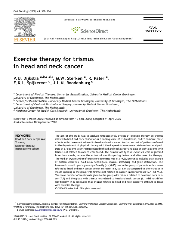 (PDF) Exercise therapy for trismus in head and neck cancer | Jan ...