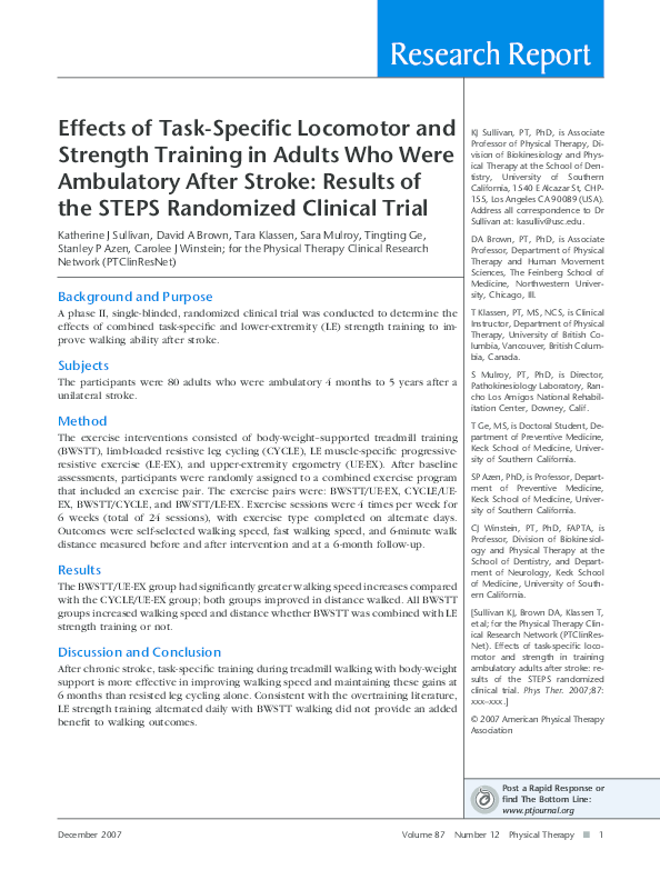 (PDF) Effects of Task-Specific Locomotor and Strength Training in Adults Who Were Ambulatory ...