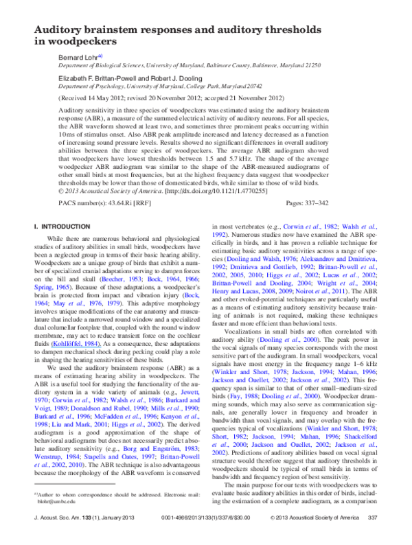 (PDF) Auditory brainstem responses and auditory thresholds in woodpeckers
