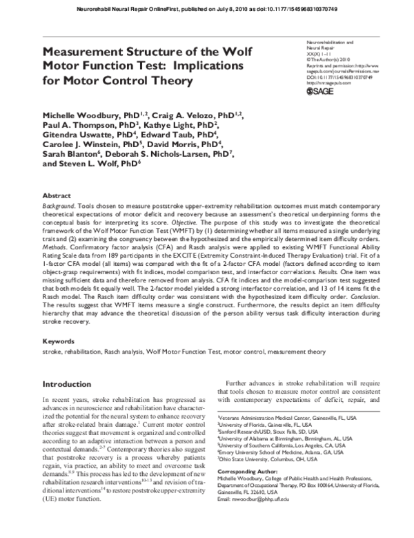 (PDF) Measurement Structure of the Wolf Motor Function Test ...