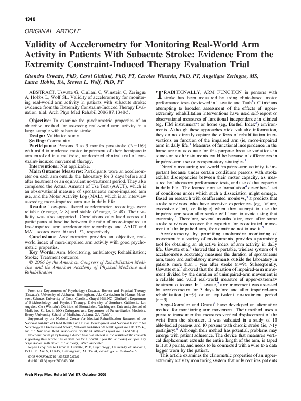 (PDF) Validity of Accelerometry for Monitoring Real-World Arm Activity in Patients With Subacute ...