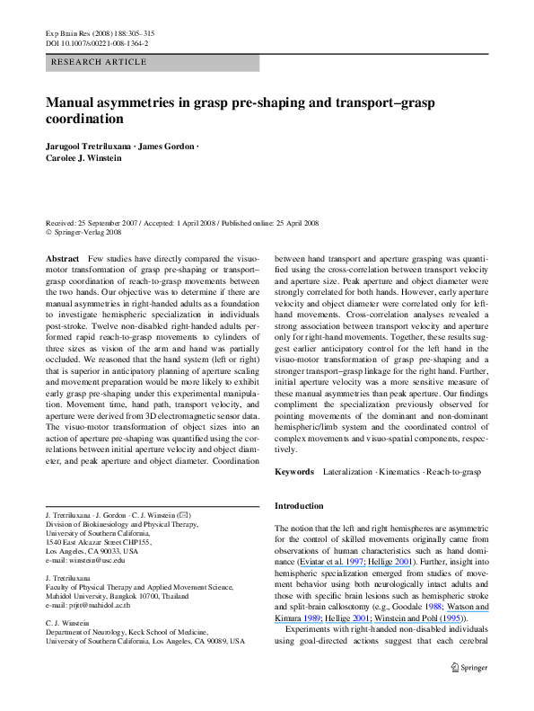 (PDF) Manual asymmetries in grasp pre-shaping and transport–grasp ...
