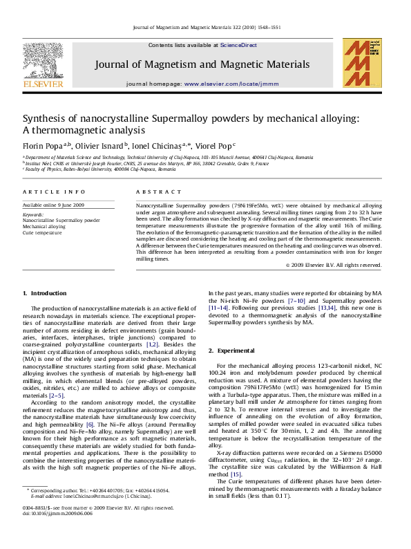 (PDF) Synthesis of nanocrystalline Supermalloy powders by mechanical alloying: A thermomagnetic ...