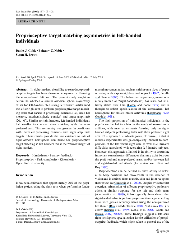 (PDF) Proprioceptive target matching asymmetries in left-handed individuals