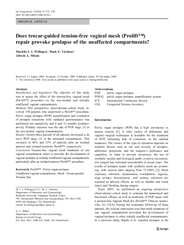 (PDF) Does trocar-guided tension-free vaginal mesh (Prolift™) repair provoke prolapse of the ...