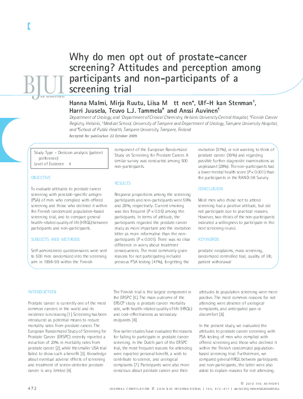(PDF) Why do men opt out of prostate-cancer screening? Attitudes and ...