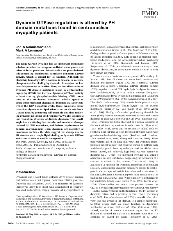 (PDF) Dynamin GTPase regulation is altered by PH domain mutations found ...