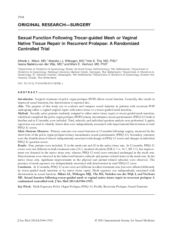(PDF) Sexual Function Following Trocar-guided Mesh or Vaginal Native Tissue Repair in Recurrent ...