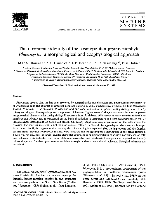 (PDF) The taxonomic identity of the cosmopolitan prymnesiophyte ...