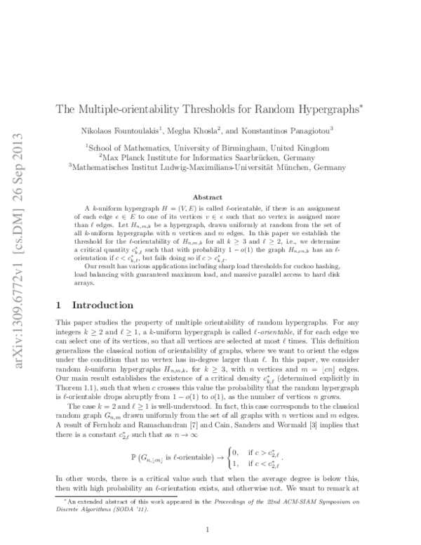 (PDF) The Multiple-orientability Thresholds for Random Hypergraphs