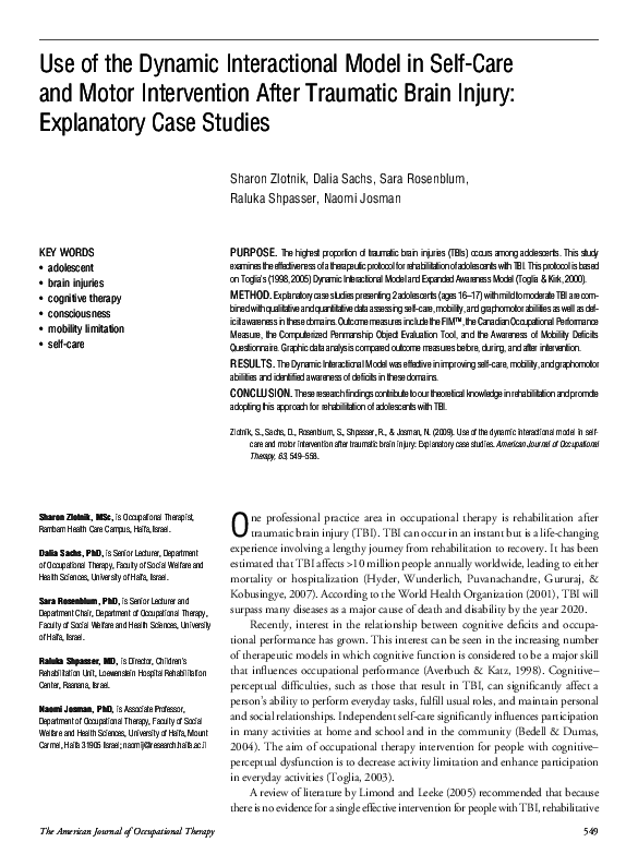 (PDF) Use of the Dynamic Interactional Model in Self-Care and Motor Intervention After Traumatic ...