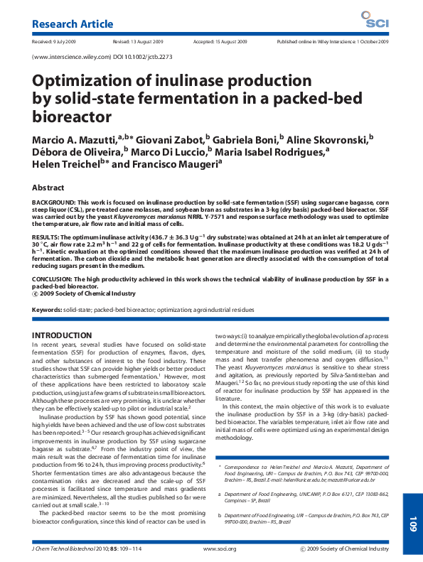 (PDF) Optimization of inulinase production by solid-state fermentation in a packed-bed bioreactor