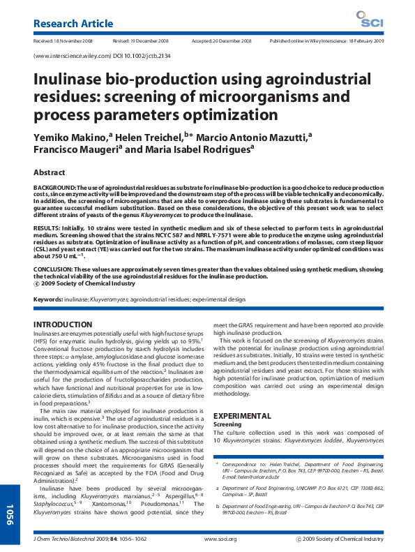 (PDF) Inulinase bio-production using agroindustrial residues: screening of microorganisms and ...
