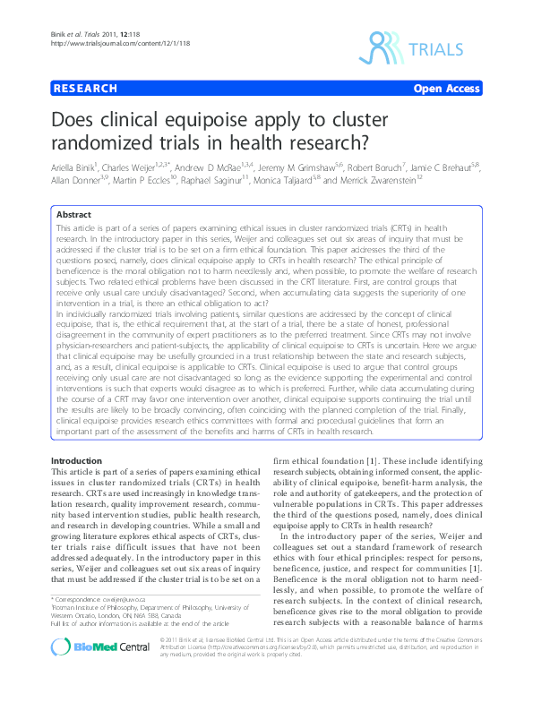 (PDF) Does clinical equipoise apply to cluster randomized trials in ...