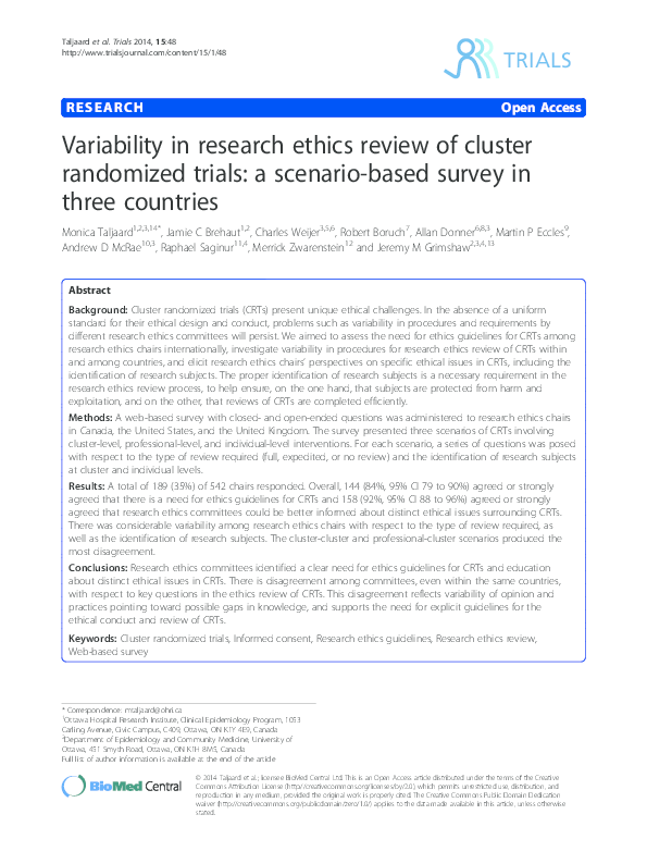 Pdf Variability In Research Ethics Review Of Cluster Randomized Trials A Scenario Based