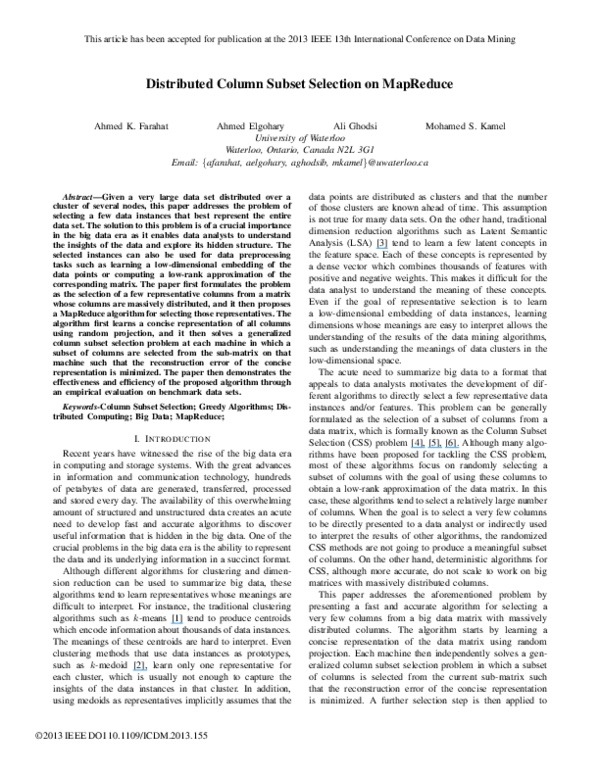 Pdf Distributed Column Subset Selection On Mapreduce