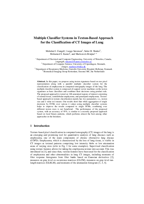 Pdf Multiple Classifier Systems In Texton Based Approach For The Classification Of Ct Images