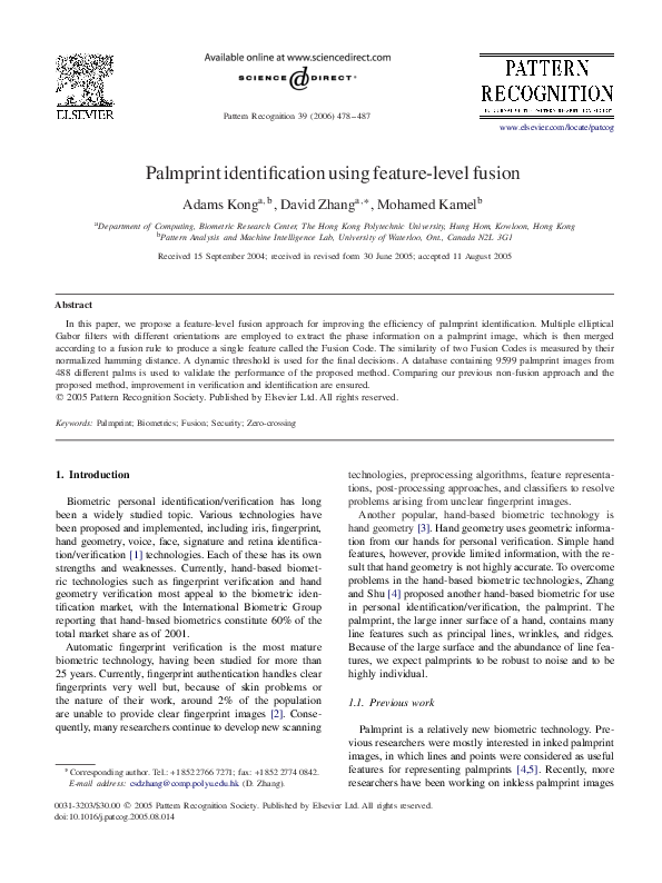 (PDF) Palmprint identification using feature-level fusion