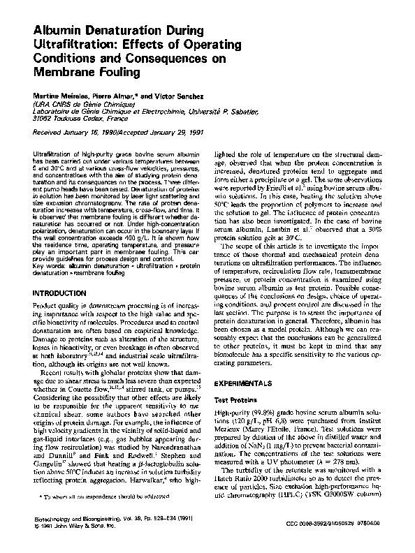 (PDF) Albumin denaturation during ultrafiltration: Effects of operating ...