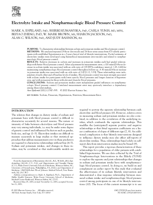 (PDF) Electrolyte intake and nonpharmacologic blood pressure control