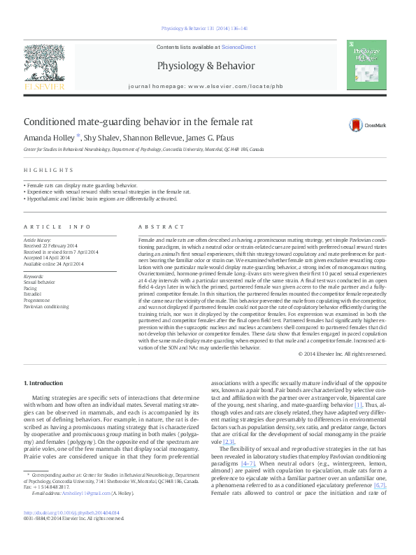 (PDF) Conditioned mate-guarding behavior in the female rat