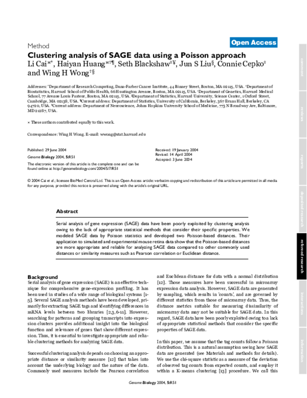 (PDF) Clustering analysis of SAGE data using a Poisson approach