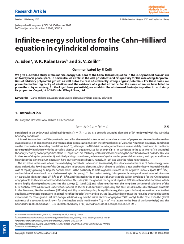 Pdf Infinite‐energy Solutions For The Cahn Hilliard Equation In Cylindrical Domains