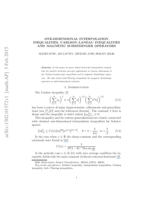 (PDF) One-Dimensional Interpolation Inequalities, Carlson-Landau Inequalities, and Magnetic ...