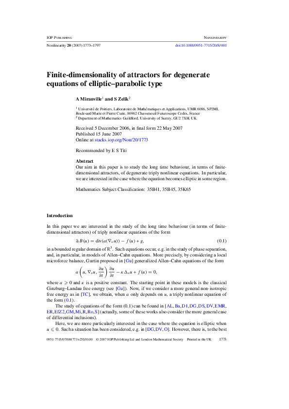 Pdf Finite Dimensionality Of Attractors For Degenerate Equations Of Elliptic Parabolic Type