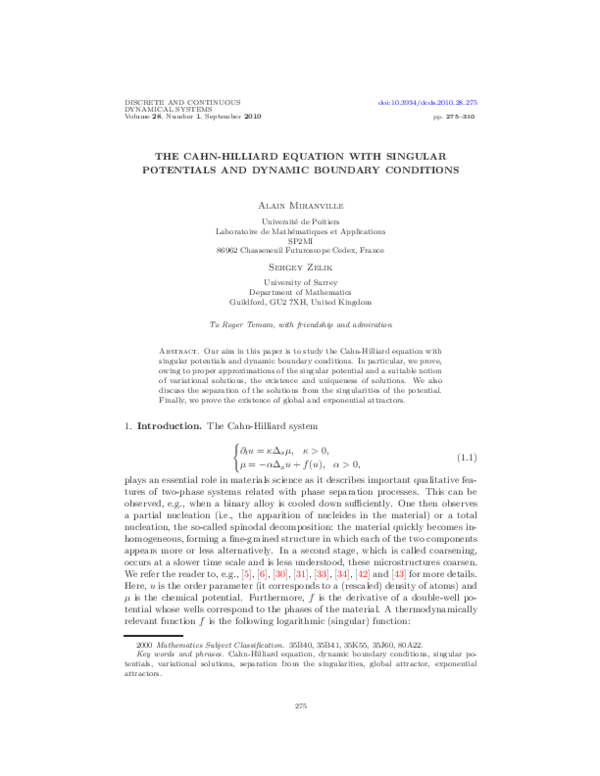 (PDF) The Cahn-Hilliard equation with singular potentials and dynamic ...