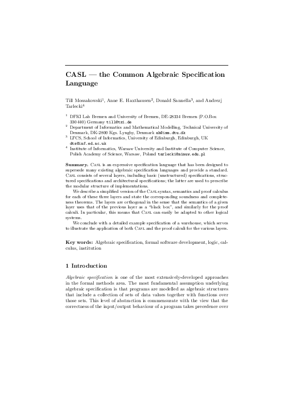 (PDF) CASL: the Common Algebraic Specification Language