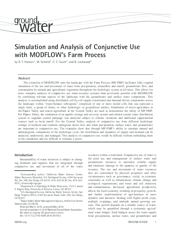 Pdf Simulation And Analysis Of Conjunctive Use With Modflows Farm
