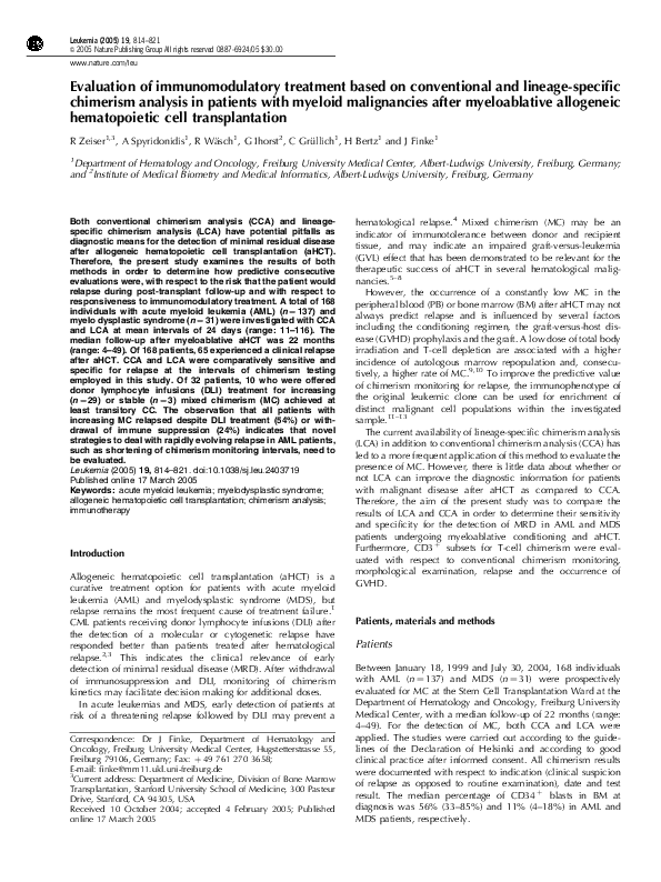(PDF) Validation of chimerism in pediatric recipients of allogeneic hematopoietic stem cell ...