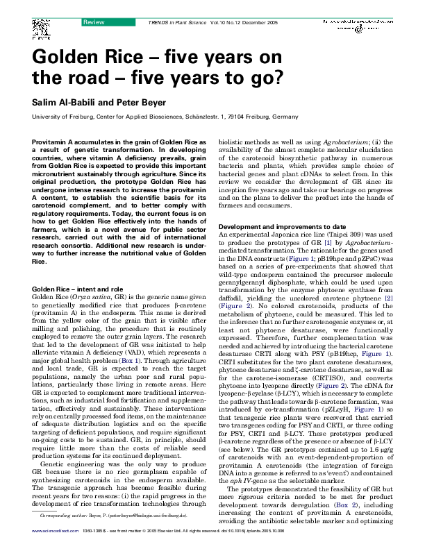 (PDF) Golden Rice--five years on the road--five years to go?