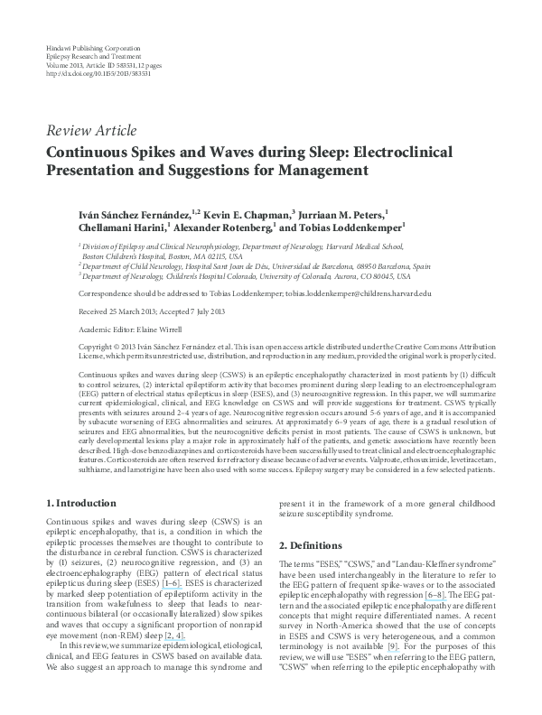 (PDF) Continuous Spikes and Waves during Sleep: Electroclinical ...