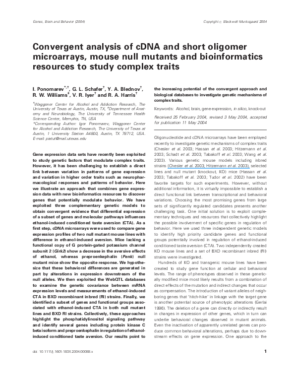 (PDF) Convergent analysis of cDNA and short oligomer microarrays, mouse null mutants and ...
