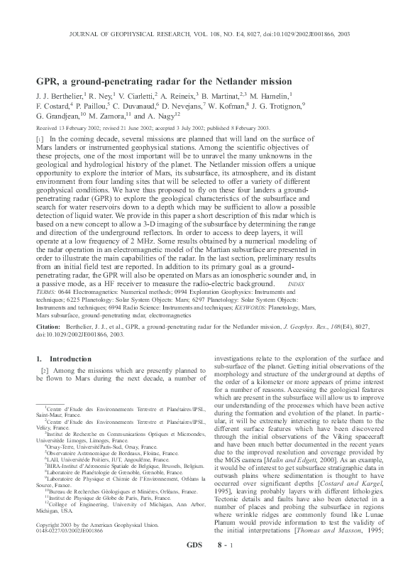 (PDF) GPR, a ground-penetrating radar for the Netlander mission