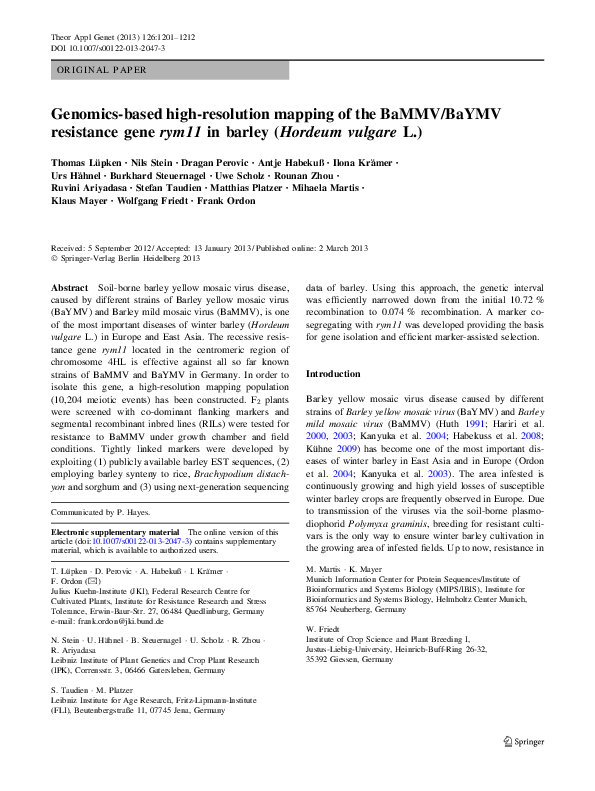 (PDF) Genomics-based high-resolution mapping of the BaMMV/BaYMV resistance gene rym11 in barley ...