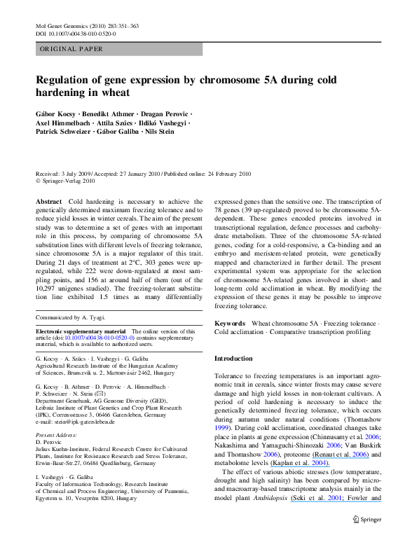 (PDF) Regulation of gene expression by chromosome 5A during cold ...