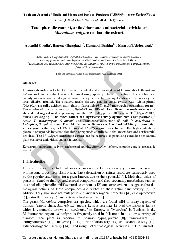 (PDF) Total Phenolic Content, Antioxidant, and Antibacterial Activity of Rumex crispus Grown ...
