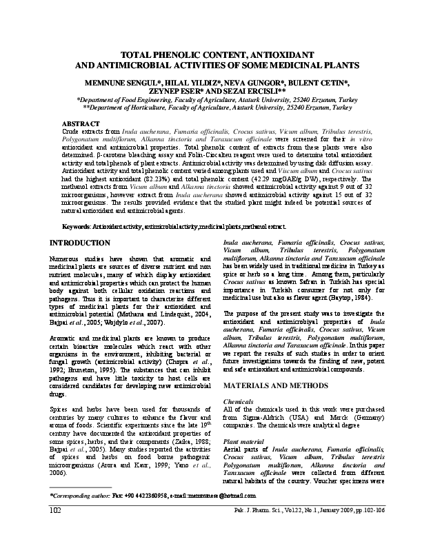 (PDF) TOTAL PHENOLIC CONTENT, ANTIOXIDANT AND ANTIMICROBIAL ACTIVITIES OF SOME MEDICINAL PLANTS